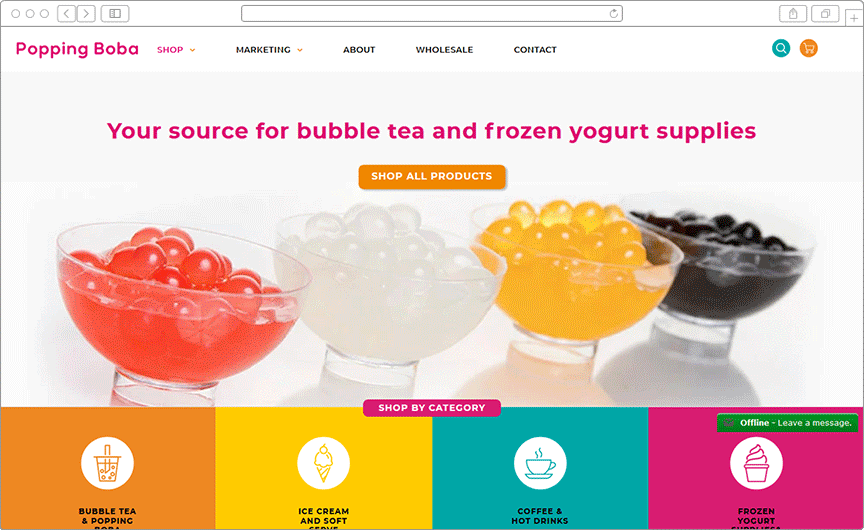 Popping Boba sells popping bobas, bubble tea & frozen yogurt supplies.